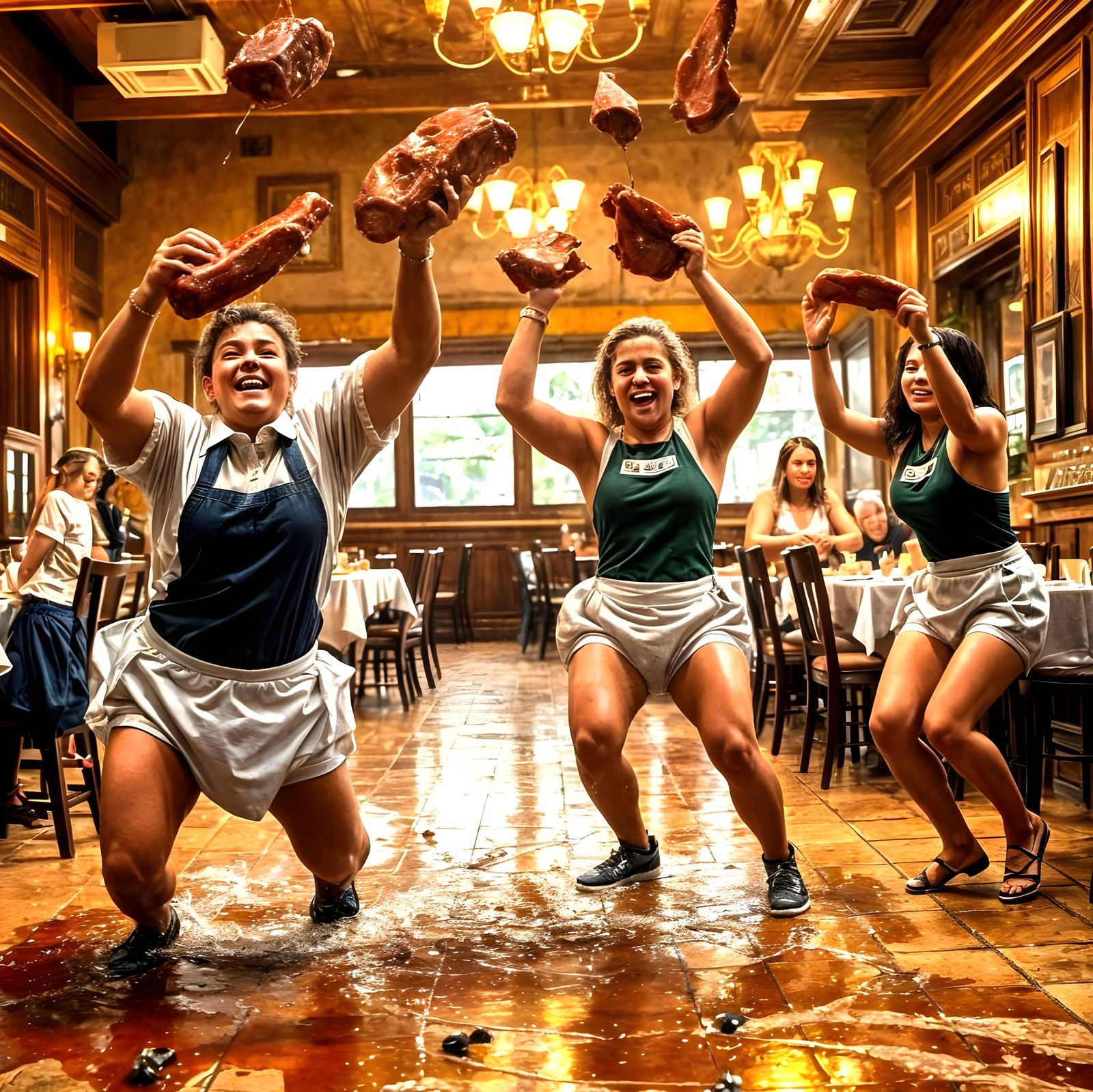 Diaper-wearing, meat-throwing, soggy restaurant workers.