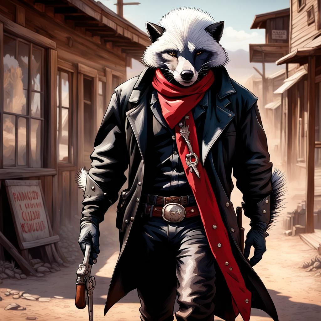 a honey badger cowboy in a frontier town, wearing a black leather ...