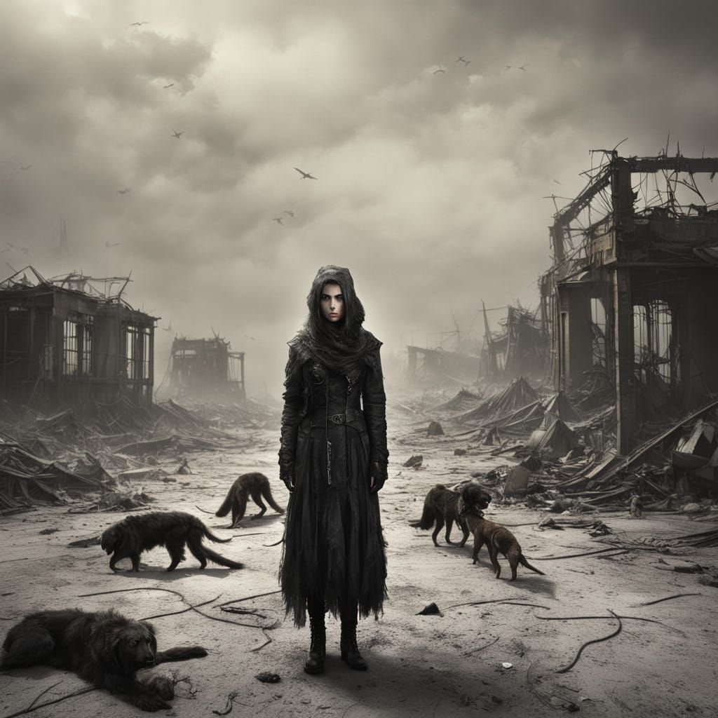 Eerie Goth Fashion Model Amidst Apocalypse in Gray... - AI Art