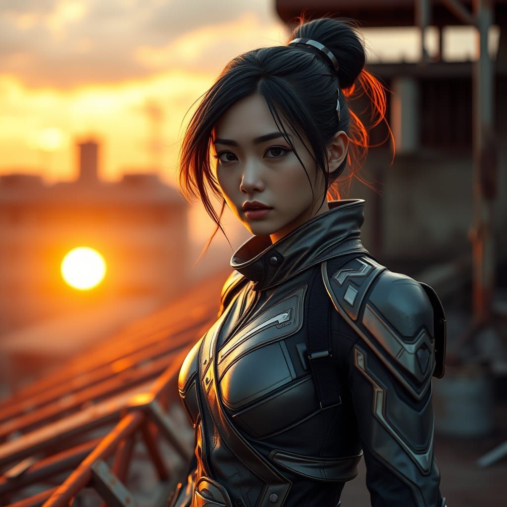 Ethereal Chinese Ninja Heroine Stands Tall at Suns... - AI Art