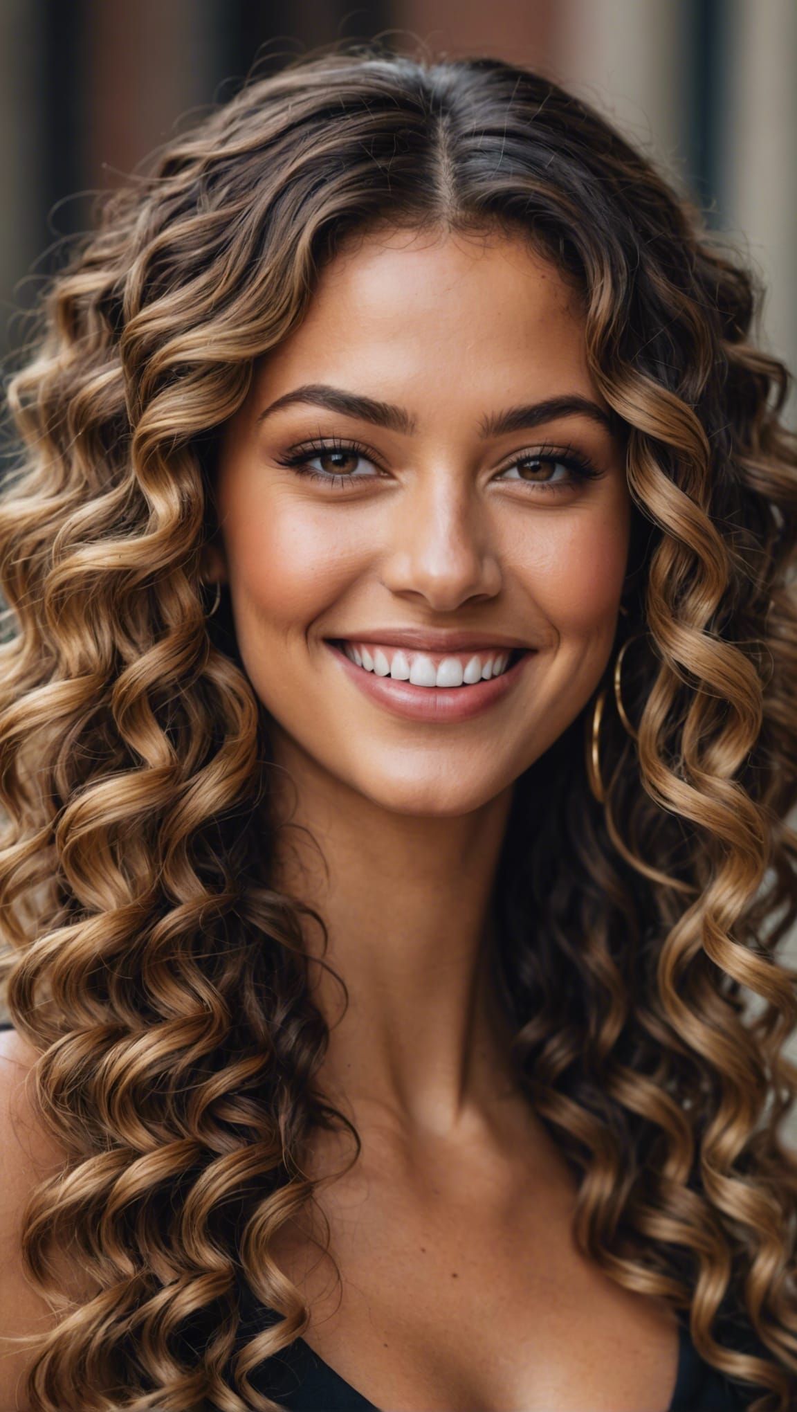 a closeup portrait of a beautiful woman, hair in Bombshell Curls with ...