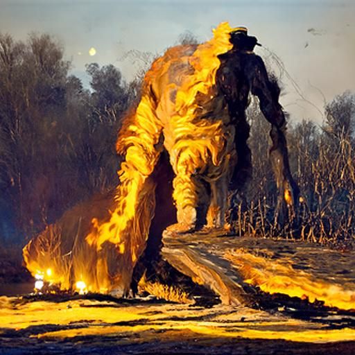 a giant walks through burning farmland at night - AI Generated Artwork ...