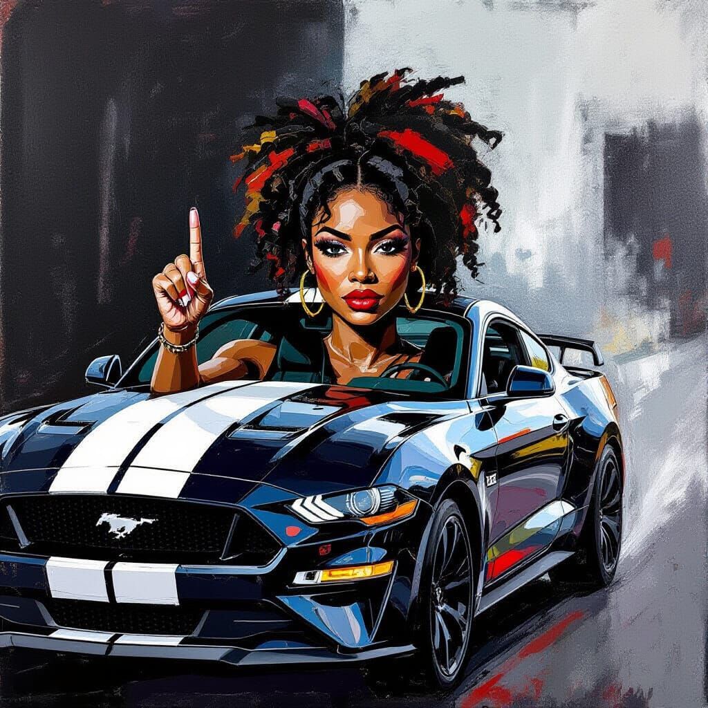 raw expressionist style, representing an African American woman, car,