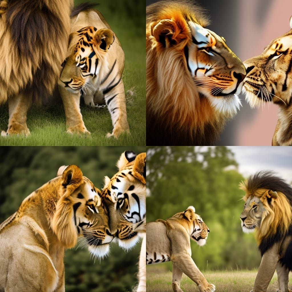 A realistic lion and tiger sniff eachother in disbelief - AI Generated ...