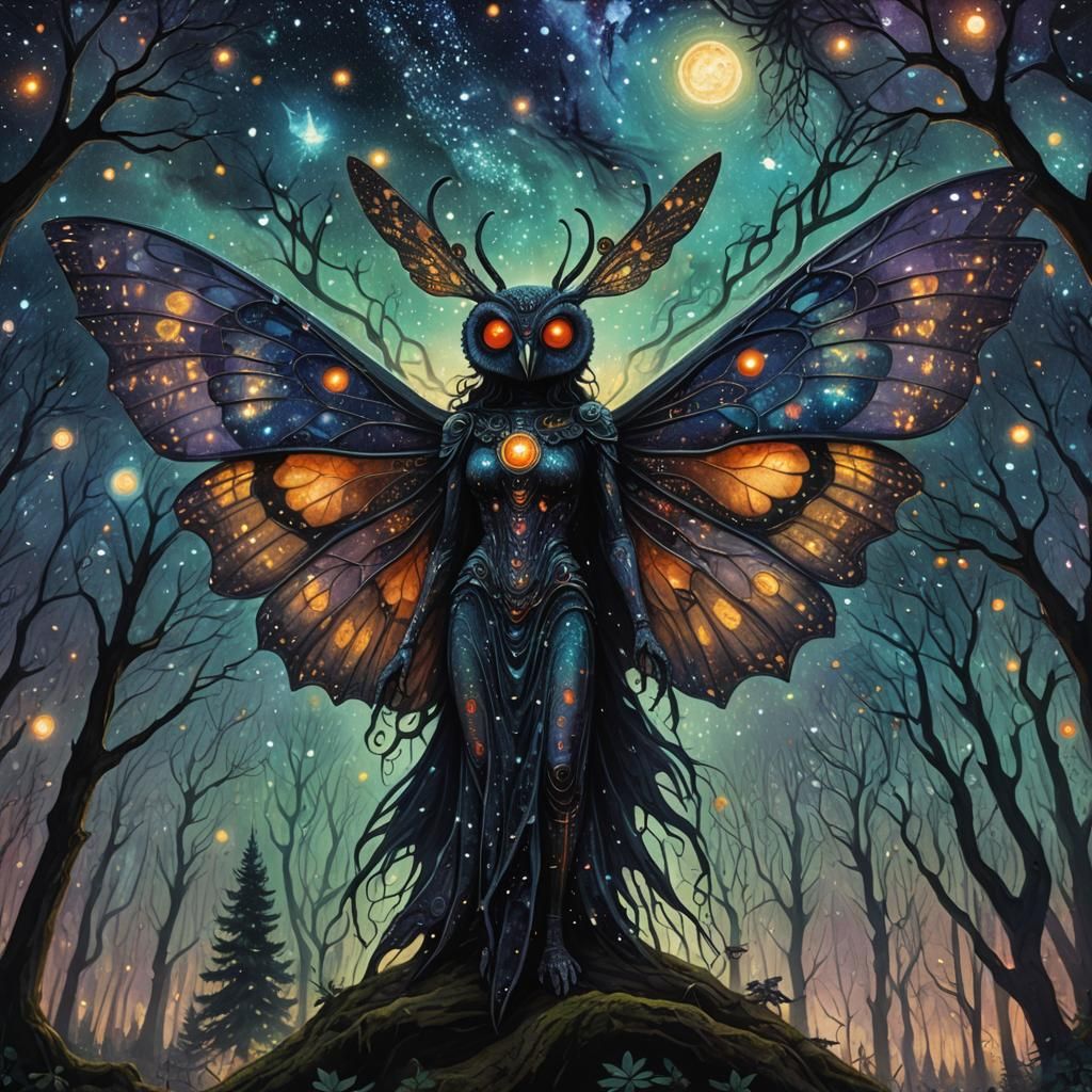 beautiful female mothman in the woods under the milky way, style of Tim ...