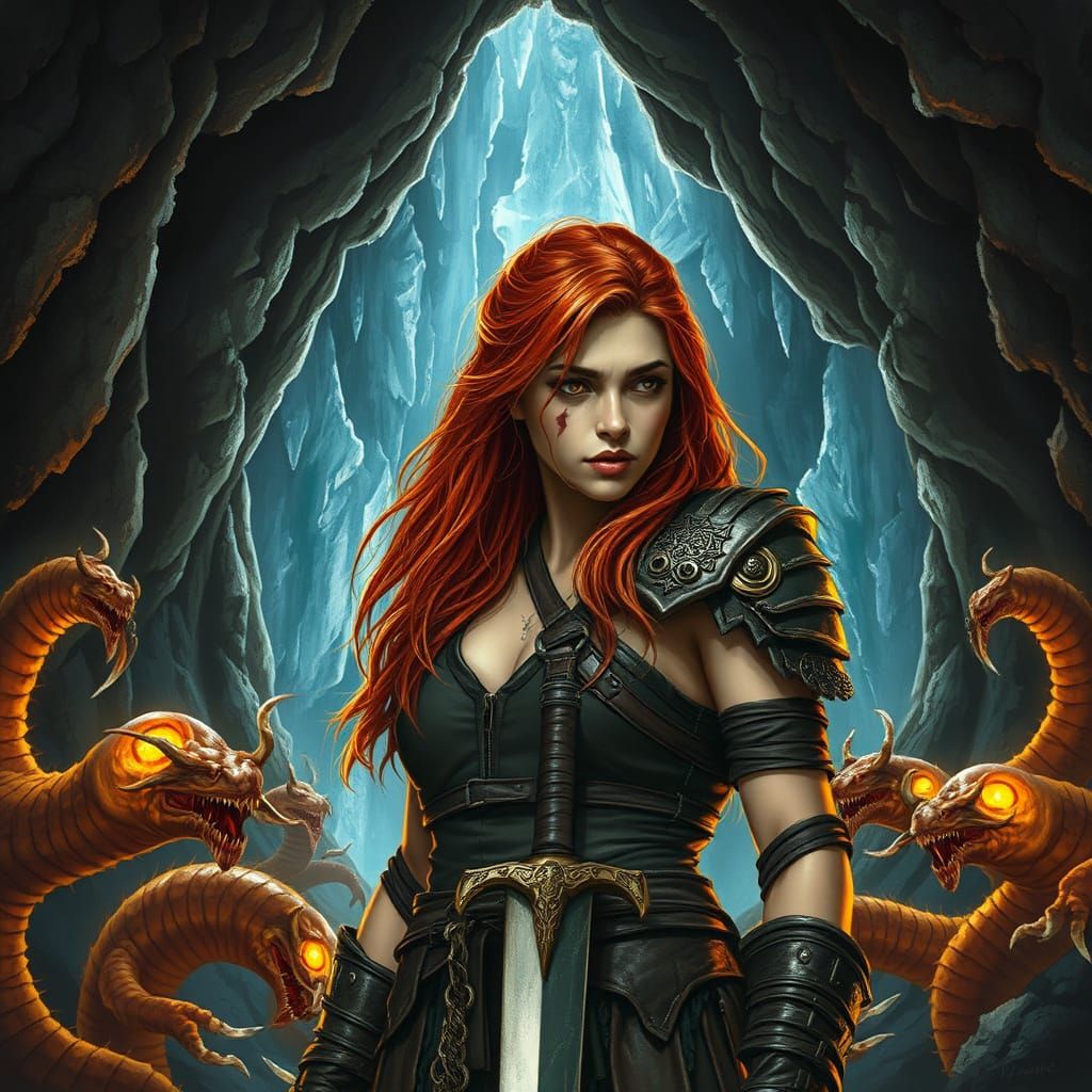 Gothic Warrior Woman Confronts Cursed Cave of Glow... - AI Art