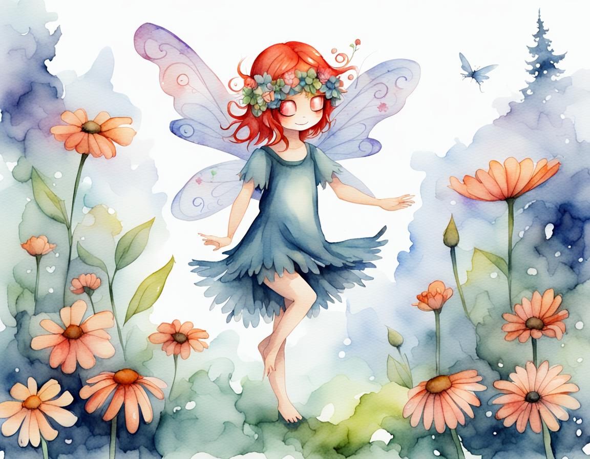 watercolor, eerie mist, happy red-haired chibi fairy dancing with the ...
