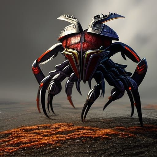 An alien crab fighter in a shiny silver harness looking for a fight ...