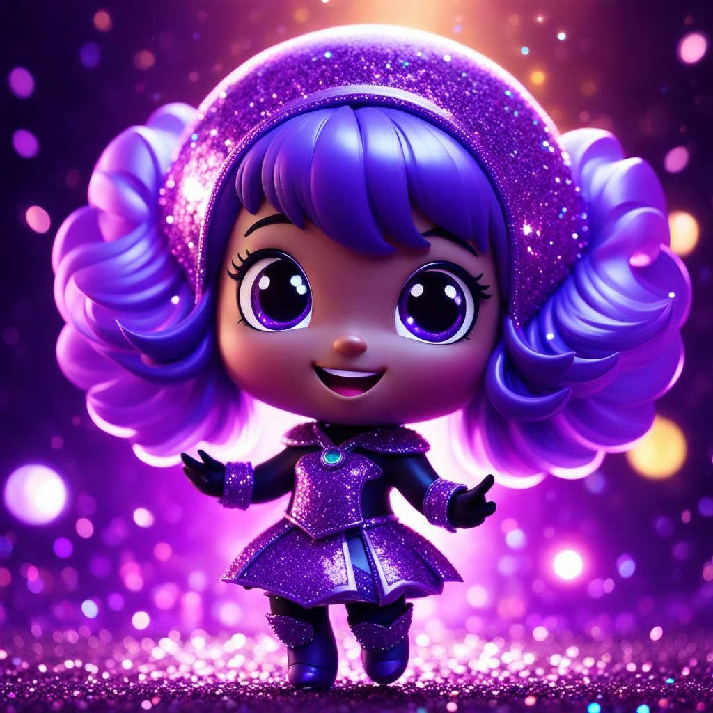 A joyful purple Chibi with lots of fluffy hair, glitter and sparkles ...