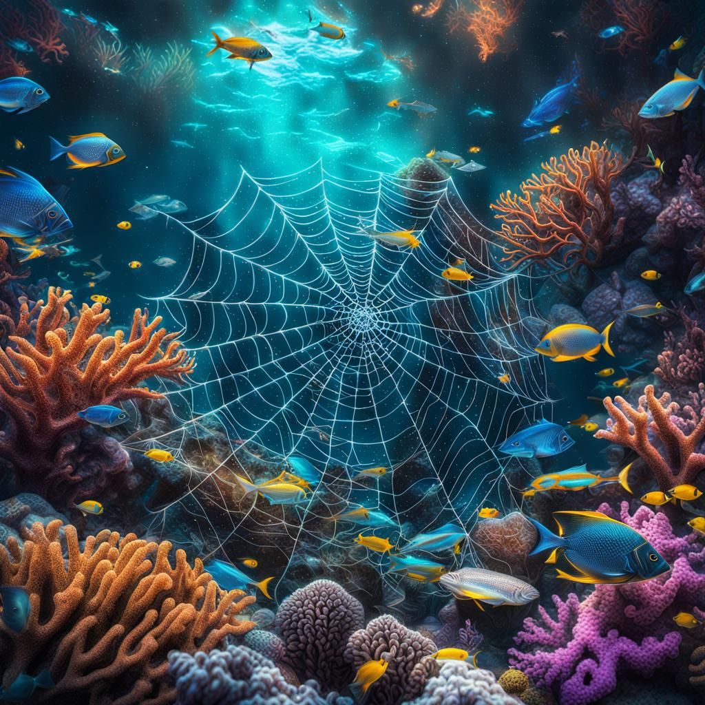 Underwate corals-shaped spider web are surrounded by many kinds of ...