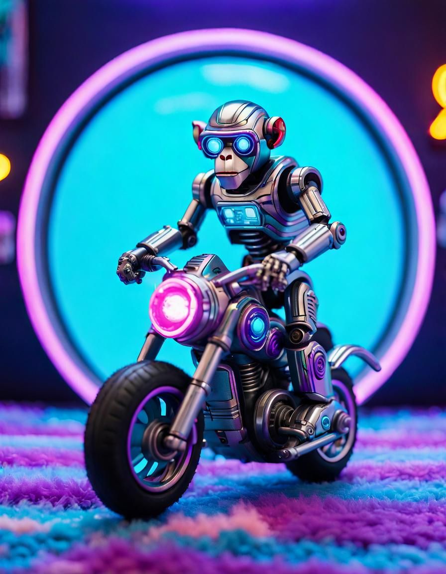 Robot with monkey head biker nano outlaw, rough micro retrofuturistic ...