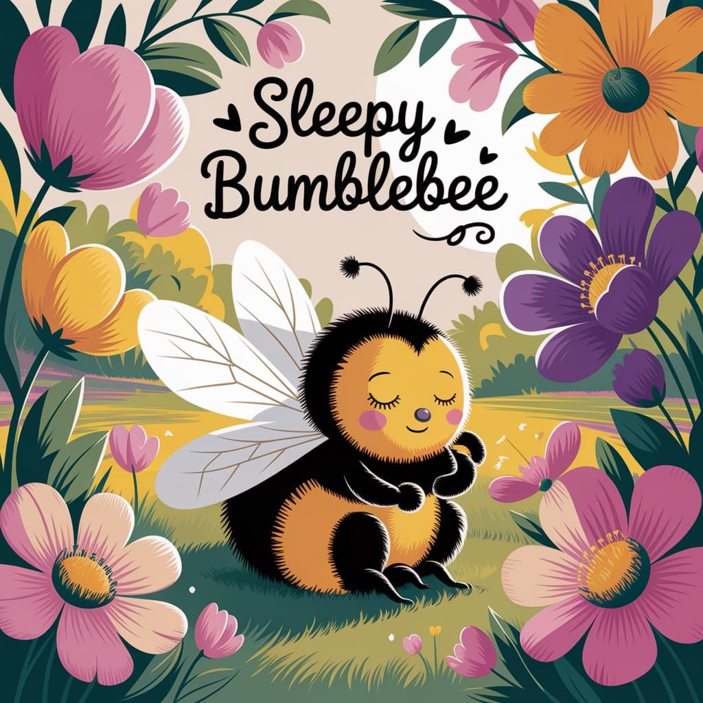Sleepy Bumblebee in Meadow: Whimsical Illustration - AI Art