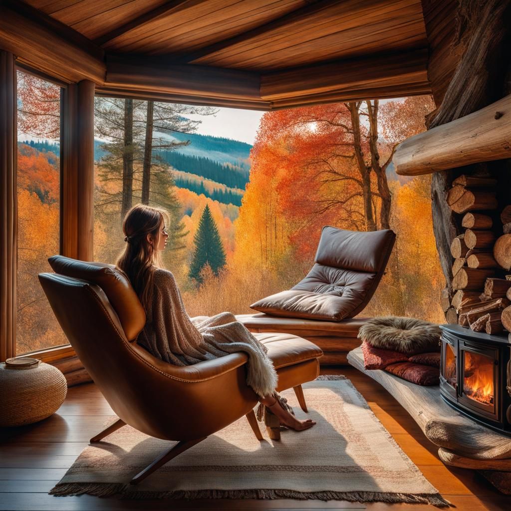 Inside a cozy cabin, a table with some simple woods, a fireplace, a ...