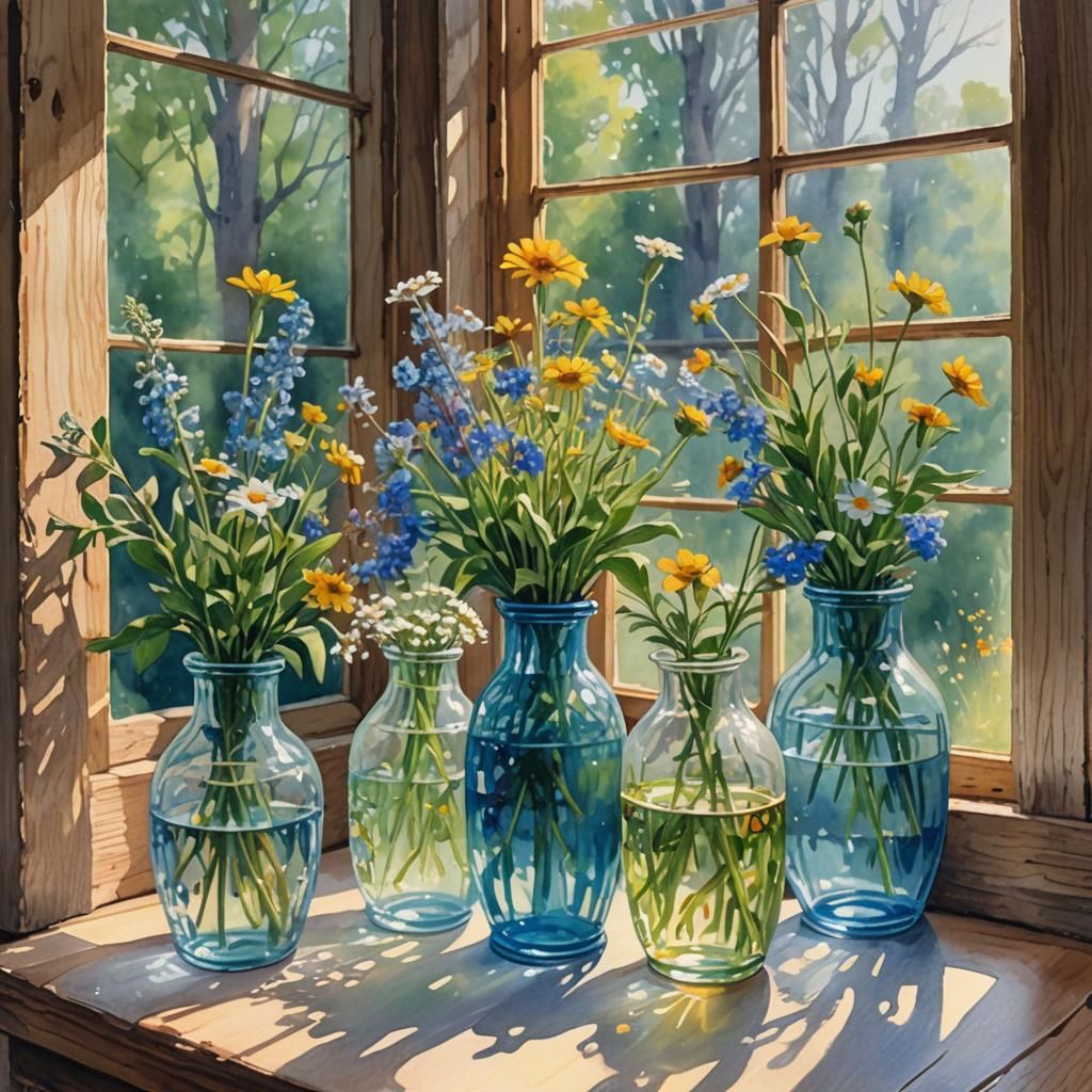 Watercolor Wildflowers on the Window Sill - AI Generated Artwork ...