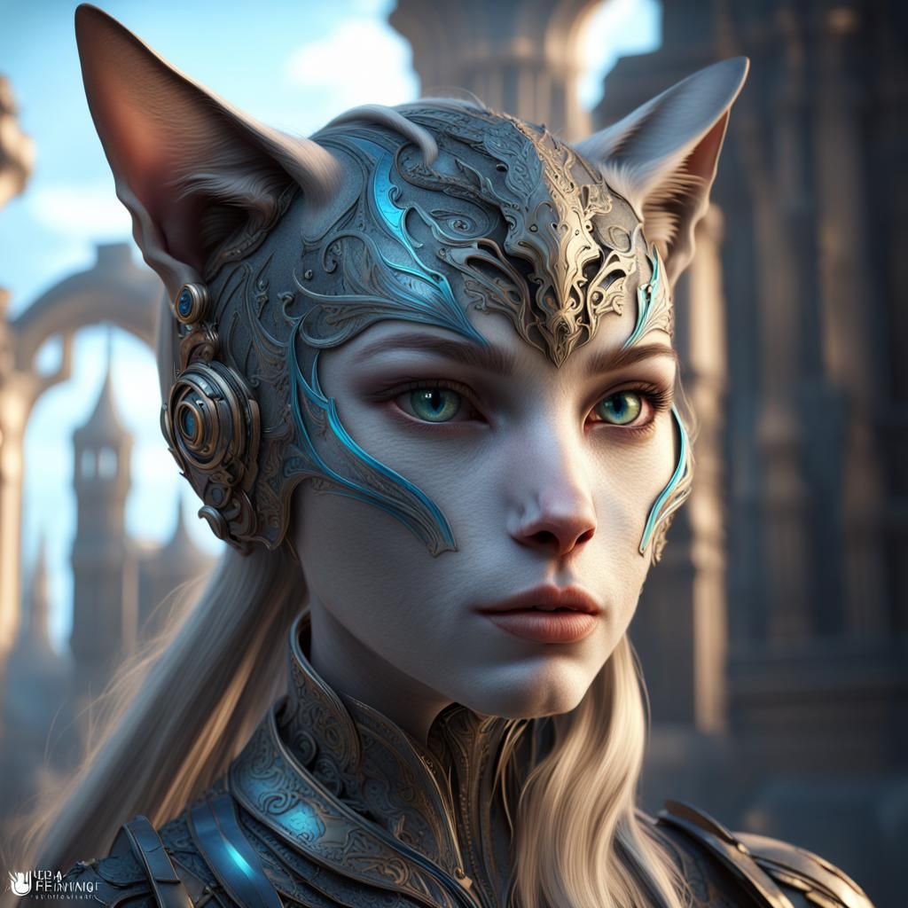 Female Cat-human hybrid with long blonde hair and blue-grey eyes - AI ...