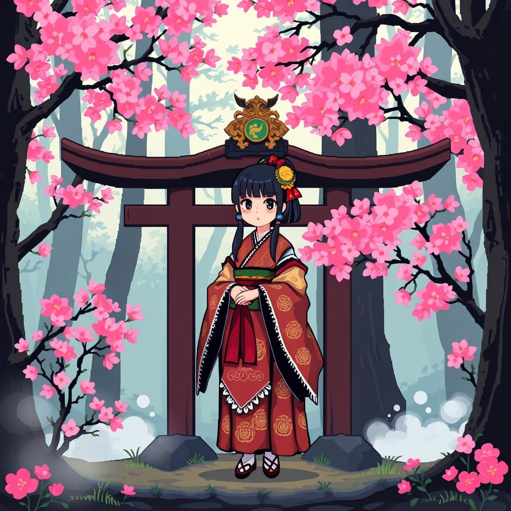 Shrine Maiden at Gate - Charming Pixel Art Shrine Maiden in ...