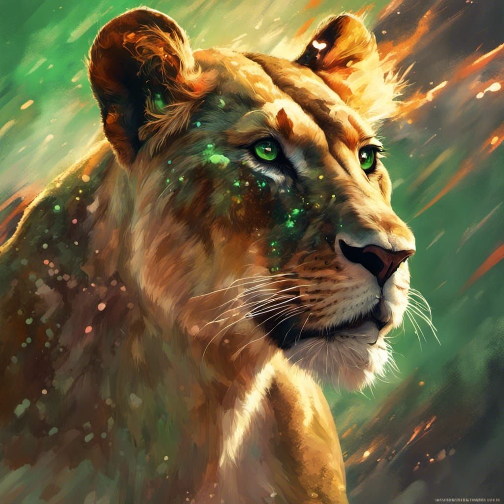 Lioness, green eyes, stalking, explosions, fantasy concept art - AI ...