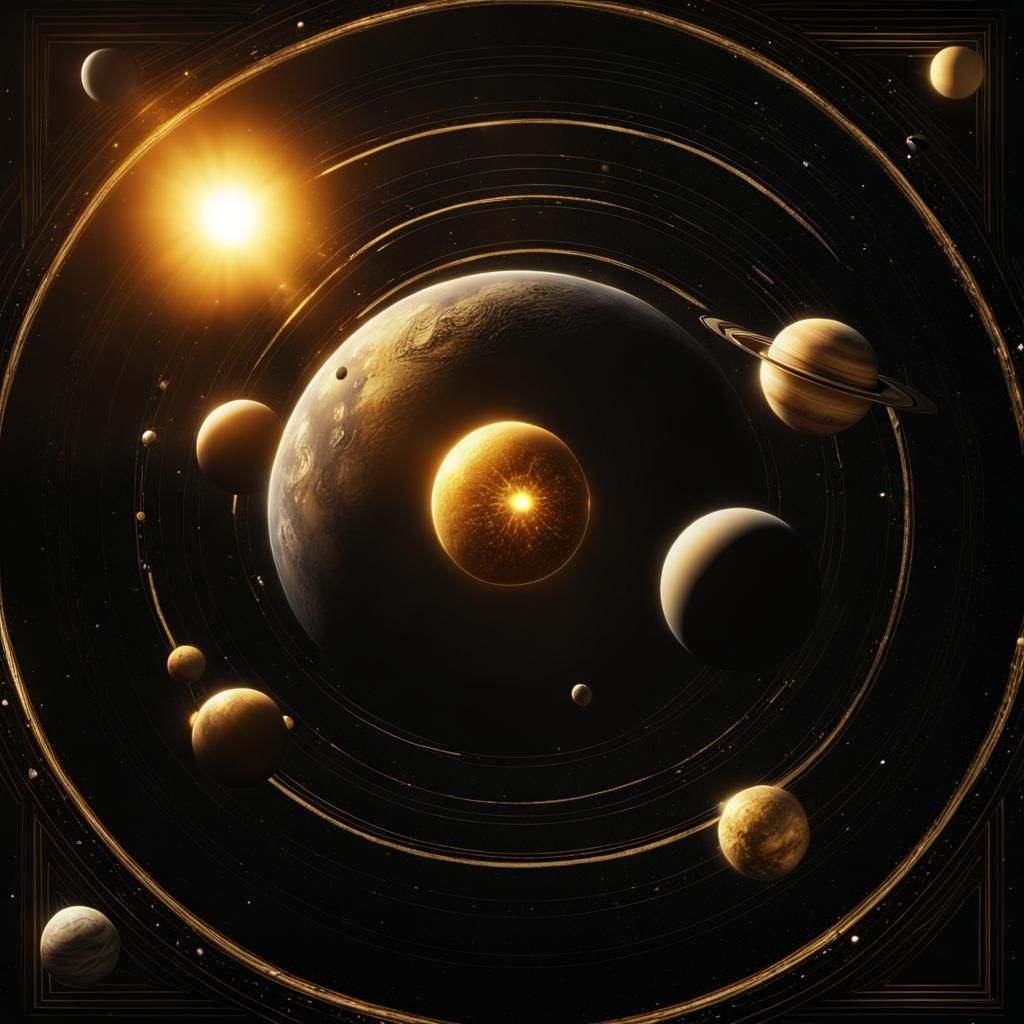 A black and gold planetary solar system orbiting a central sun. The ...