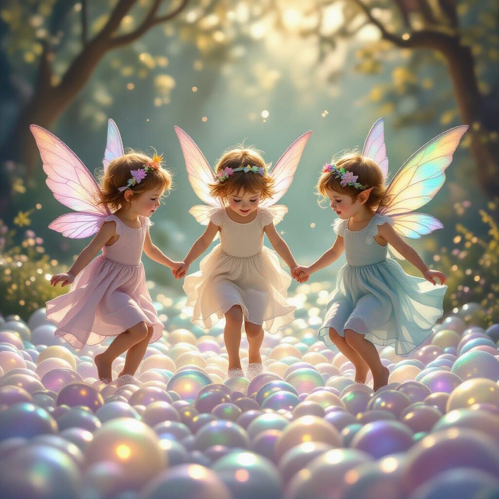 Pixie Children Play on Shimmering Bubble Trampolin... - AI Art