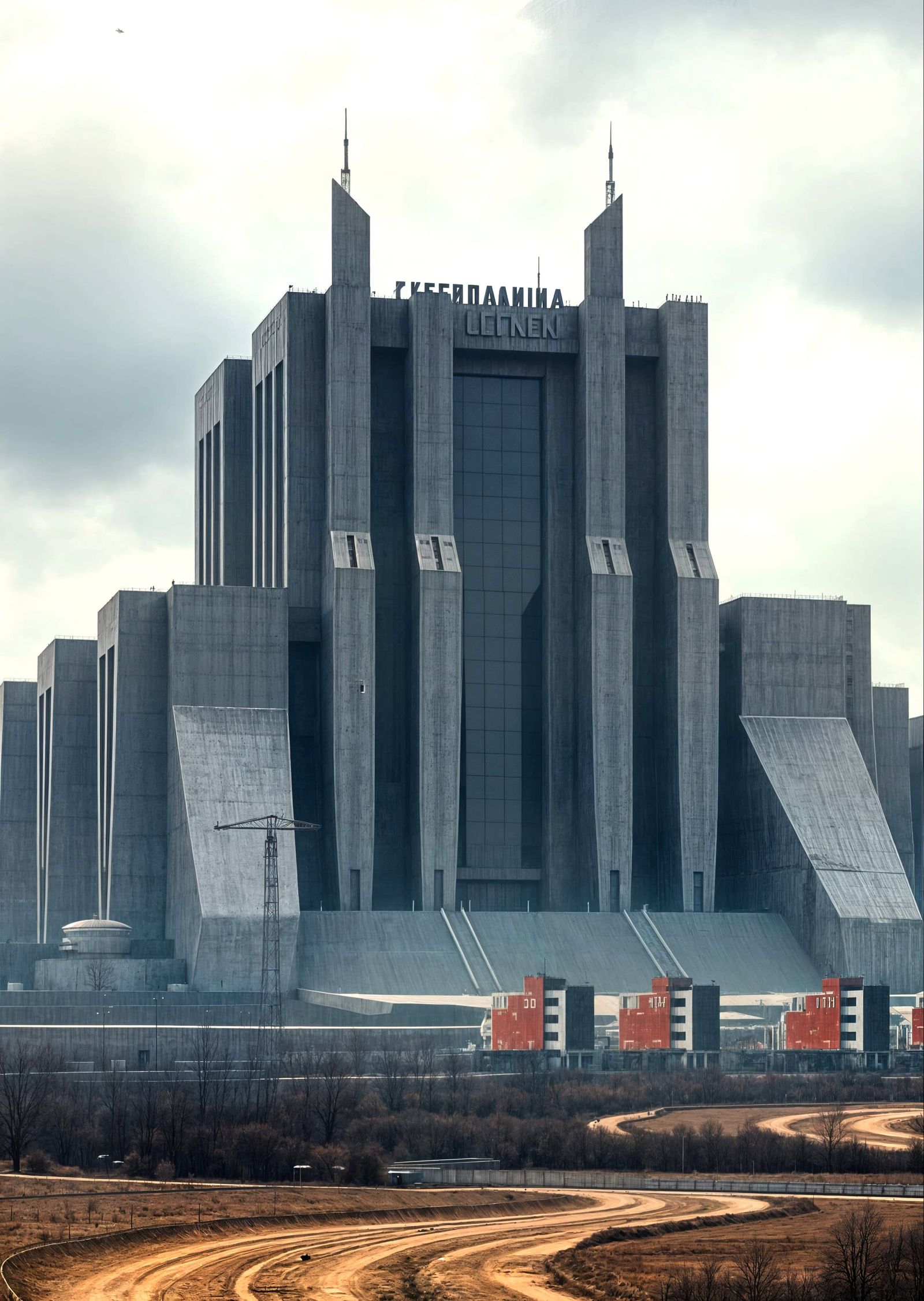 A Soviet style brutalist building with a sprawling, angular imposing ...