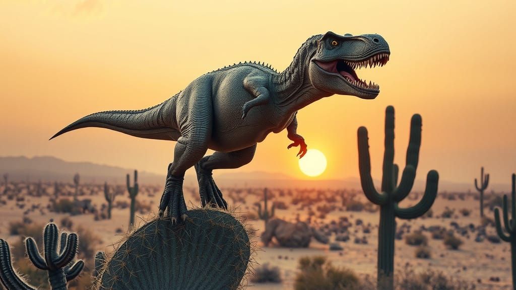 Tyrannosaurus Rex Leaps Over a Cactus in Epic Cine... - AI Art