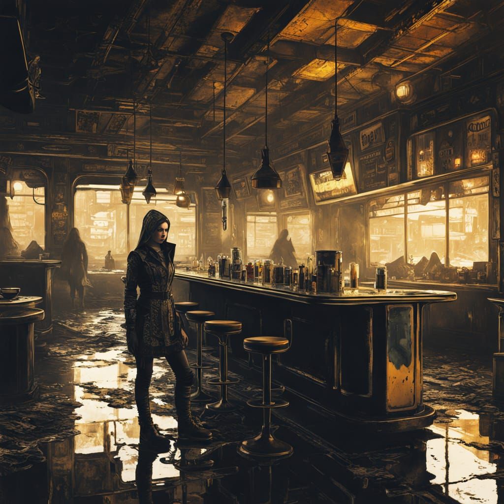 Goth Fashion Model in Retro-Futuristic Coffee Shop... - AI Art