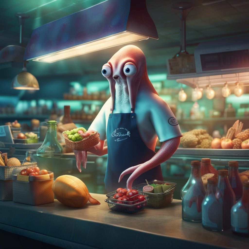 hyperrealistic squid wearing apron ringing up groceries at the sea-cash-register in the ...