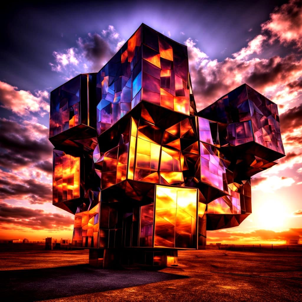 Sunset, House, iridescent weird futuristic architecture