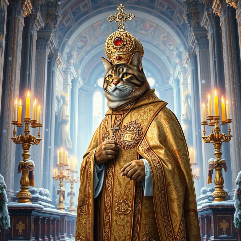 Regal Cat-Deacon in Orthodox Christmas Cathedral - AI Art