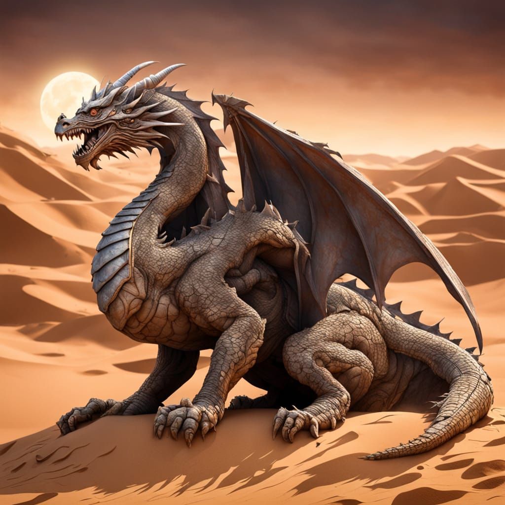 Majestic Guardian Dragon Buried in Desert Mire - AI Art
