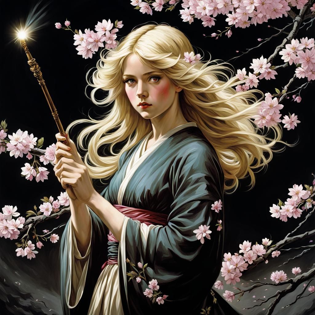 Spring Spell - Ethereal Wizardess Amidst Blossoming Cherry B...