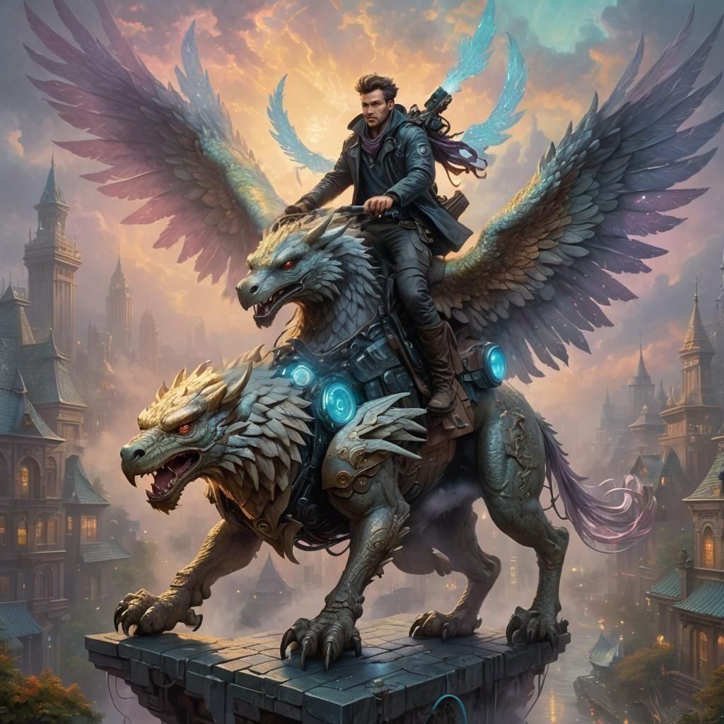 A cyberpunk hacker riding a mythical griffin - AI Generated Artwork ...