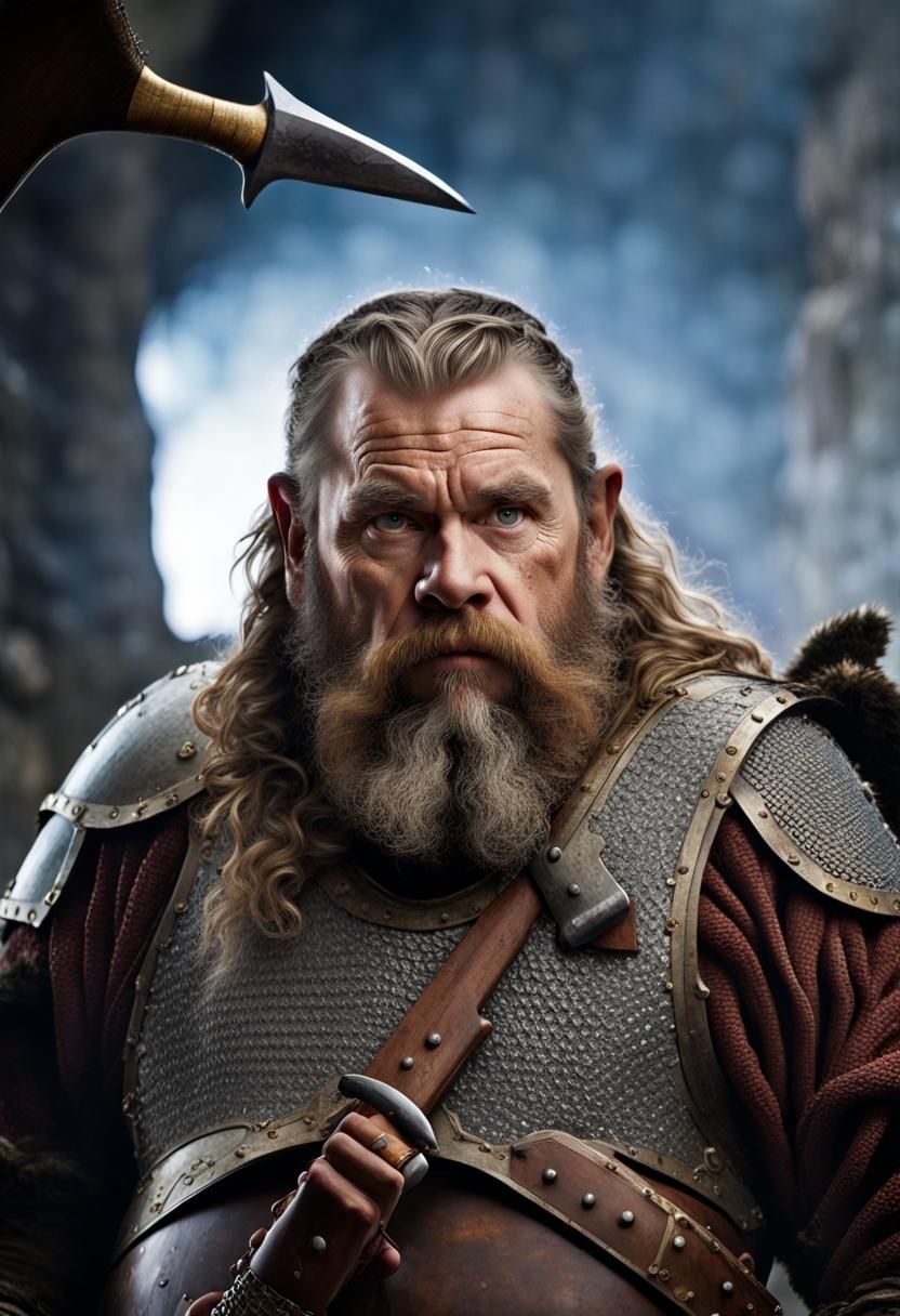 dwarf in armour, chainmail, decorated breast plate, beard in plaits ...