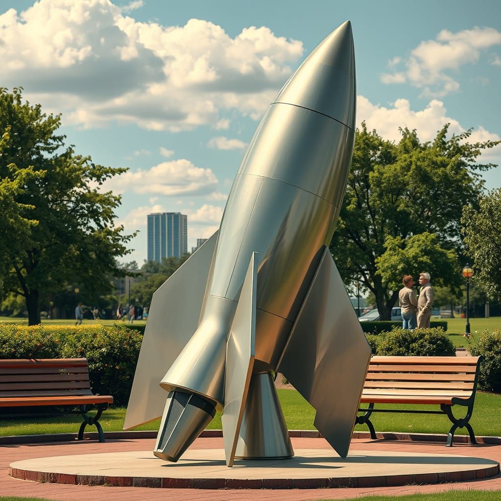 Sleek Futuristic Rocket Ship Sculpture in Retro Ci... - AI Art