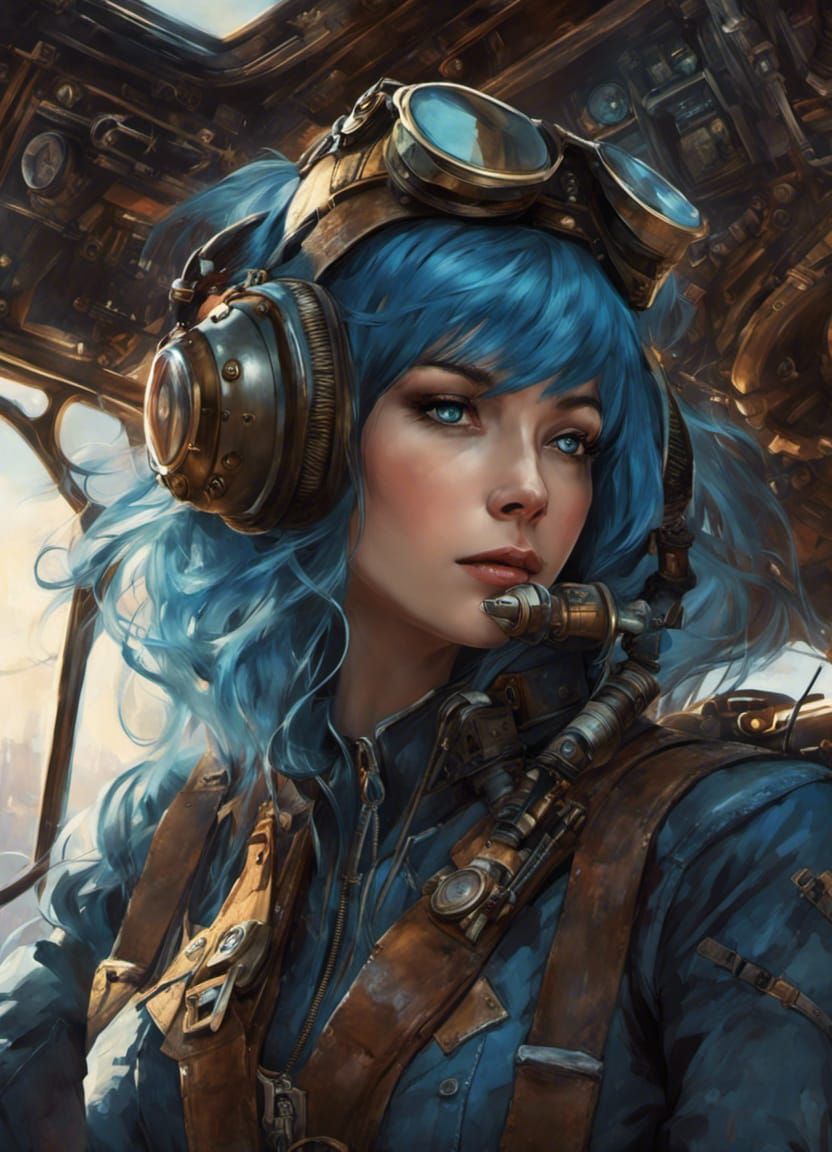 beautiful steampunk race pilot girl, racinf vessel cockpit, long blue ...