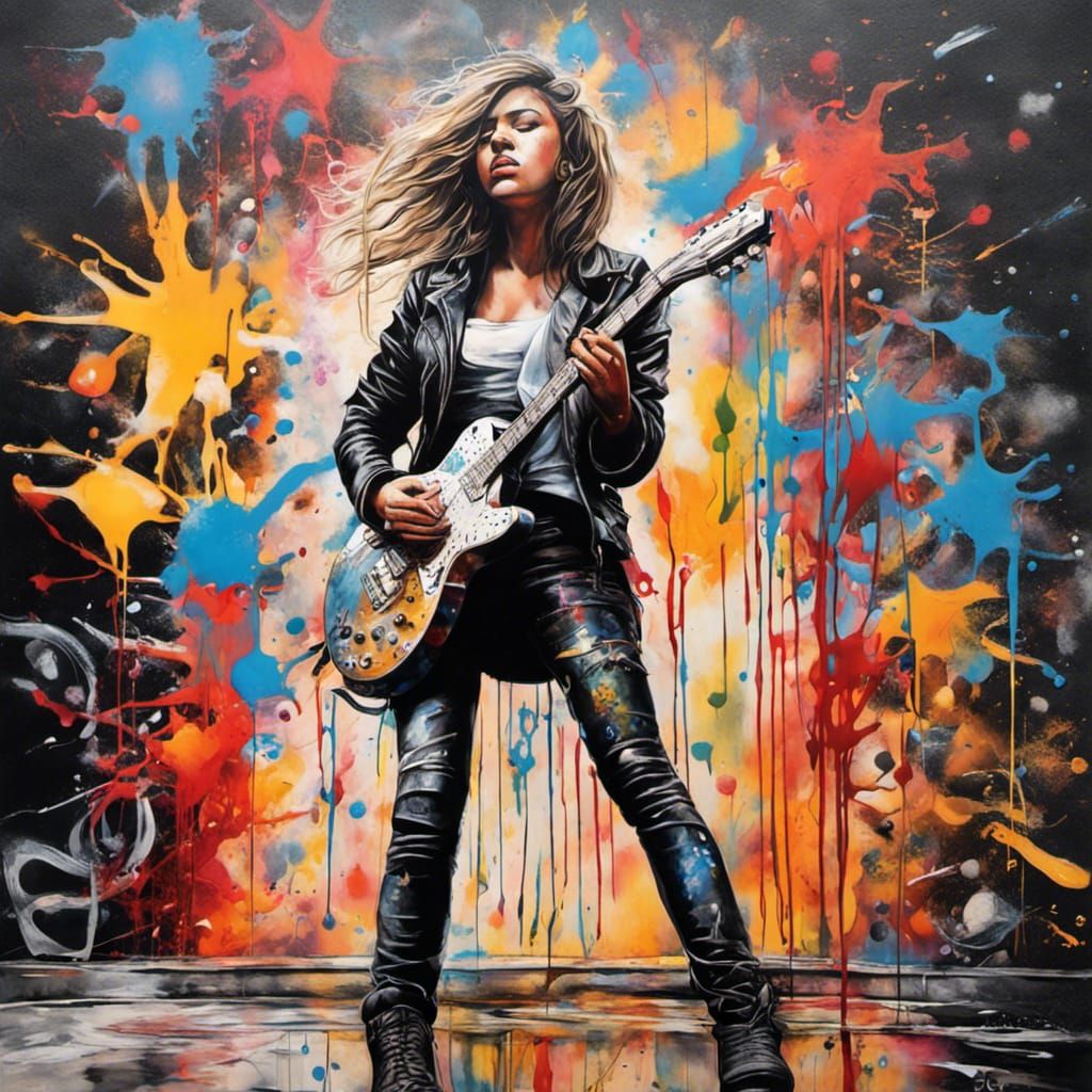 Girl playing a guitar like a rockstar. - AI Generated Artwork ...
