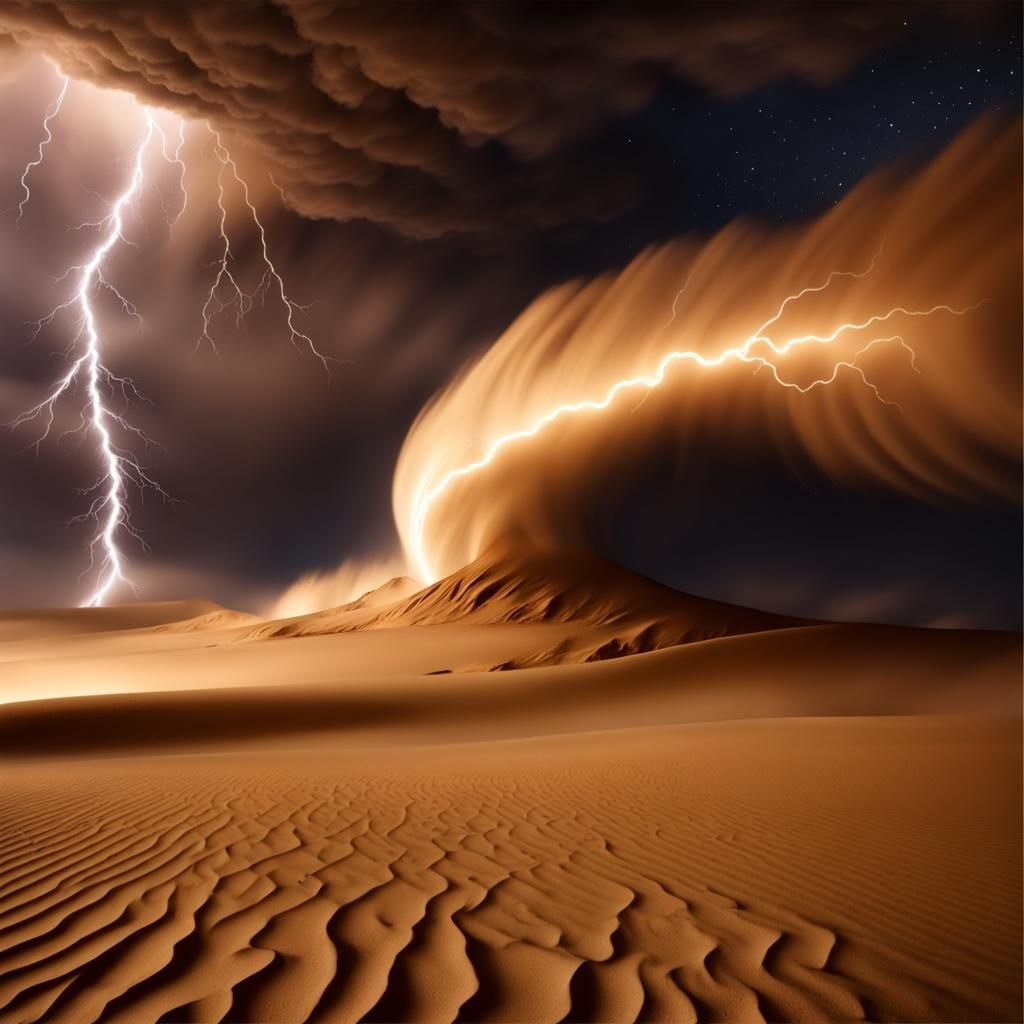 Sandstorm twister going to the sky with lot of lightning and stars ...