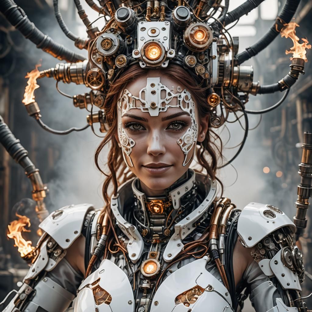 A steampunk humanoid cyborg girl made of circuits, gears, cables etc ...