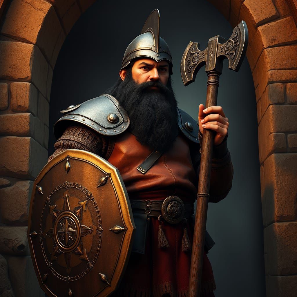 Le nain de garde - Sturdy Dwarf Guardian in Earthy Plate Arm...