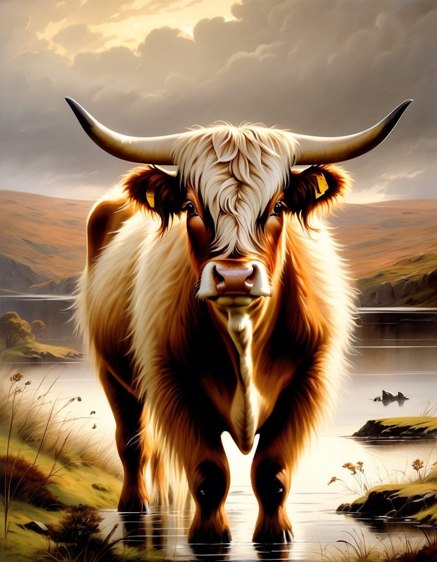 A rugged and wild Scottish long horn cow, its shaggy hair blowing in ...