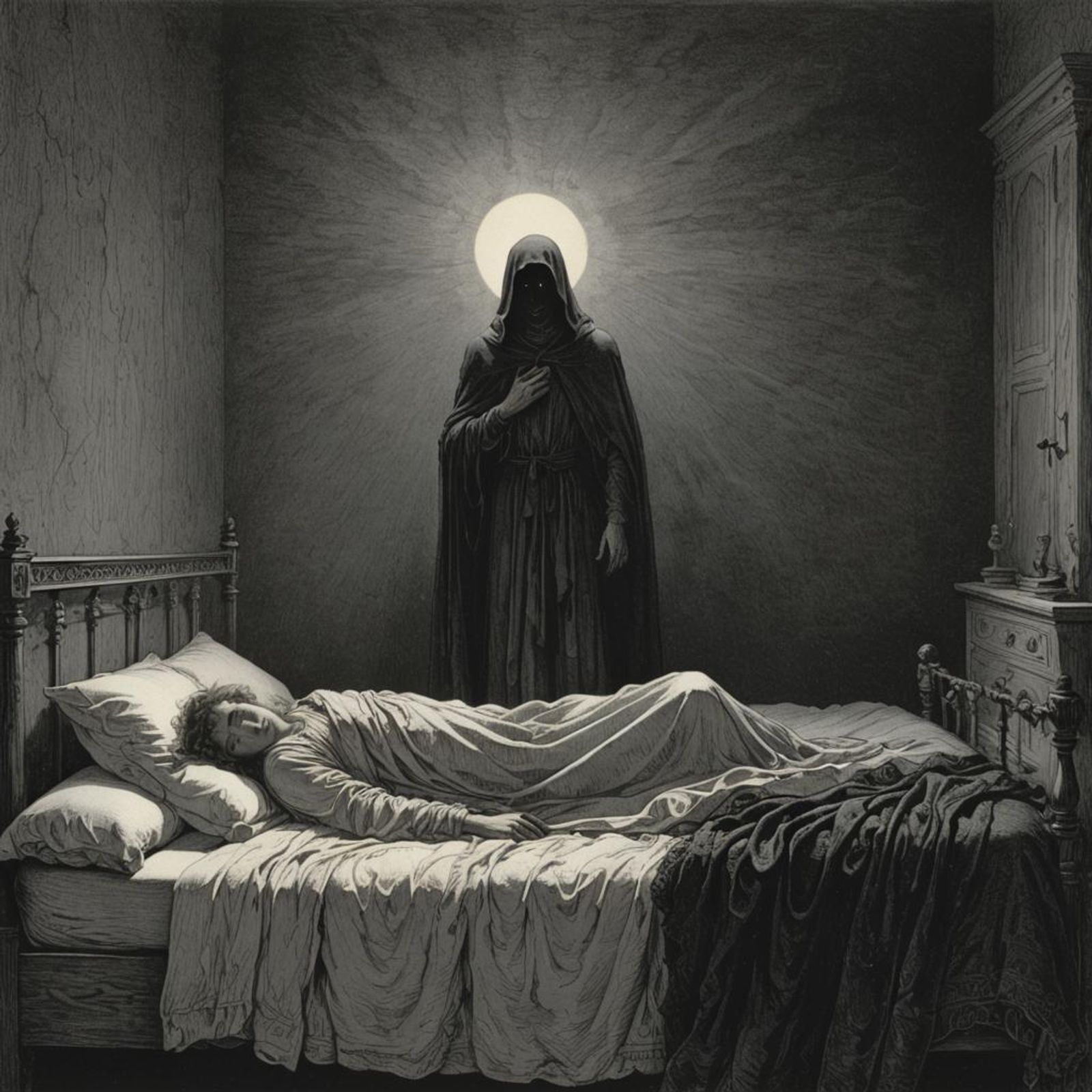 a shadowy misty figure, standing over someone a sleep in bed, bright ...