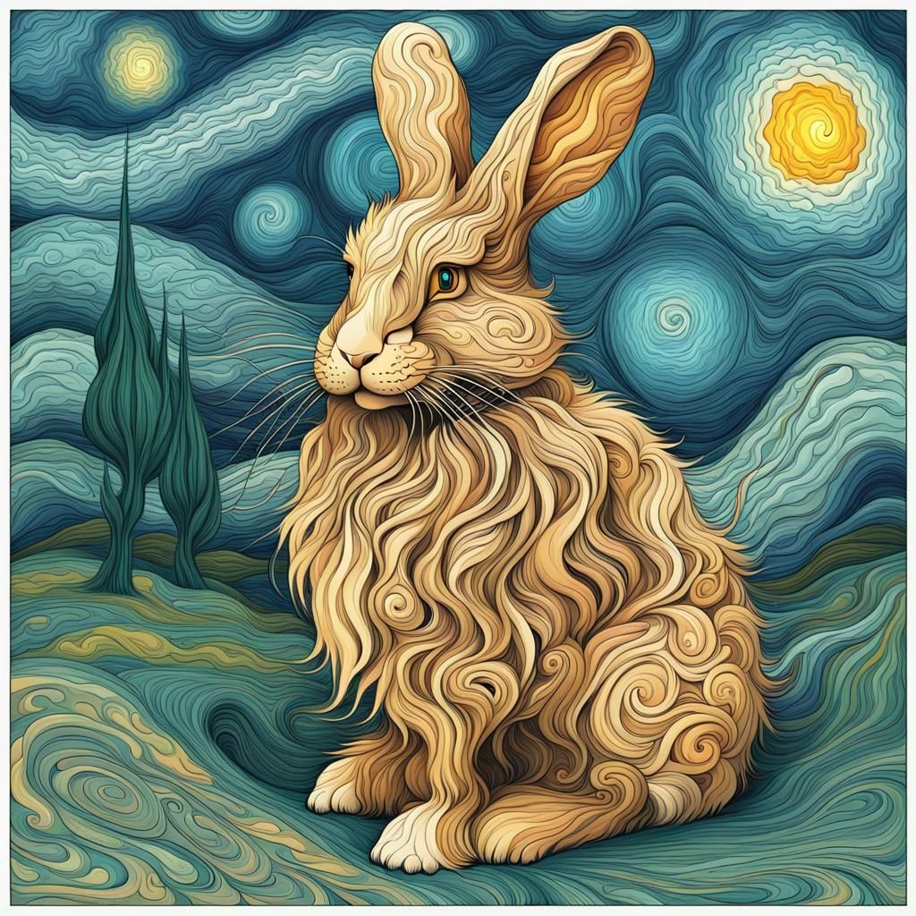 Fluffy rabbit with long curly hair in magic van gogh landscape. - AI ...