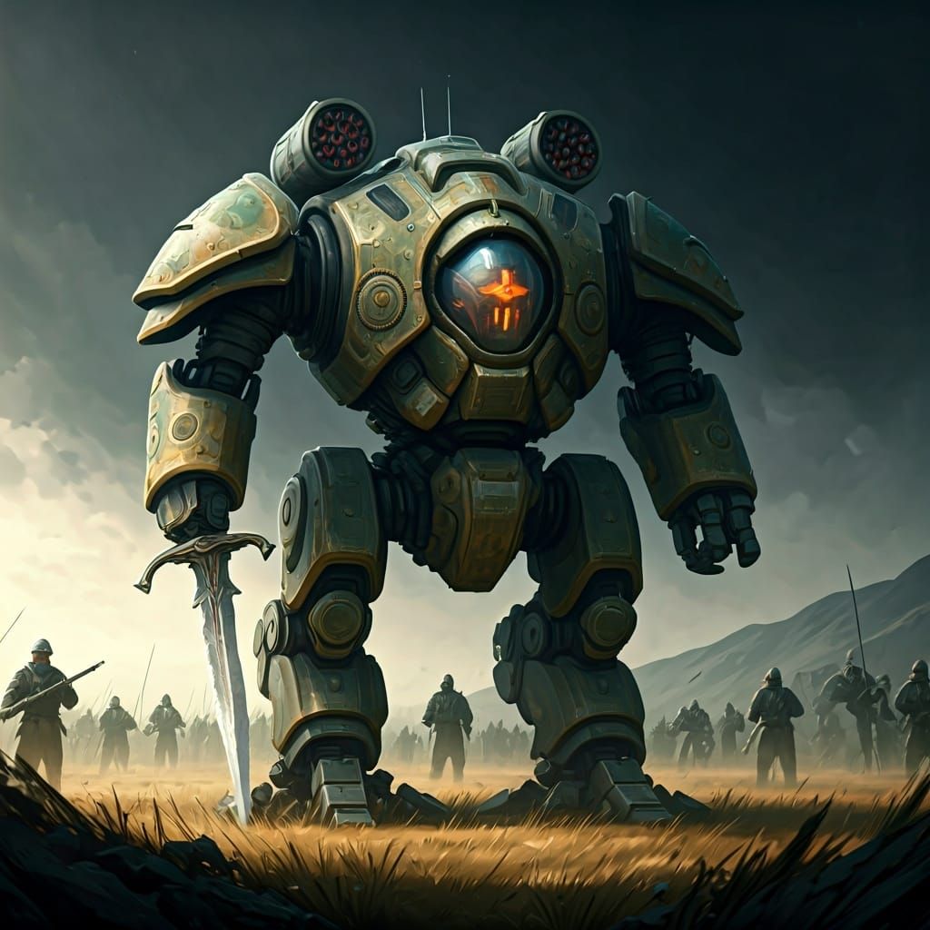 science fantasy armored mech decorated with medieval carvings and ...