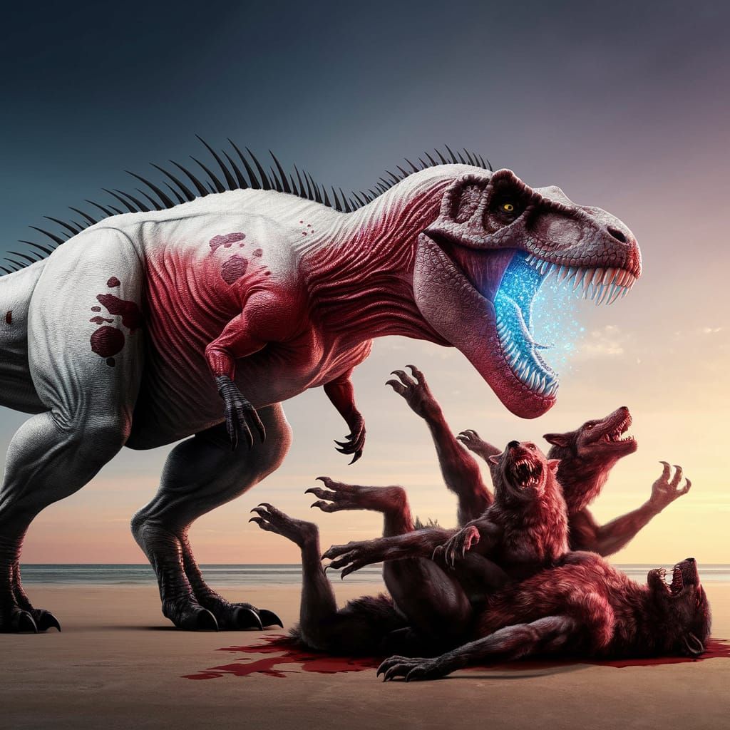 Tyrannosaurus Rex Battles Werewolves on Bloody Bea... - AI Art