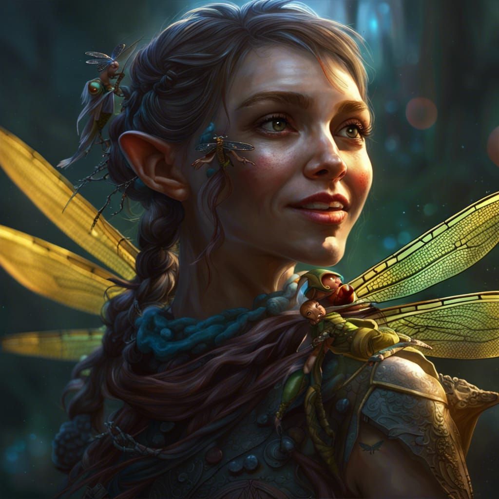 hyper realistic dragonfly, with happy elf girl mounted on top of it ...