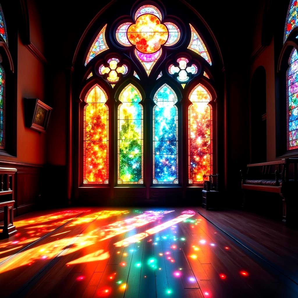 View from floor looking up into an ancient stained glass window from the inside of the Rijks ...