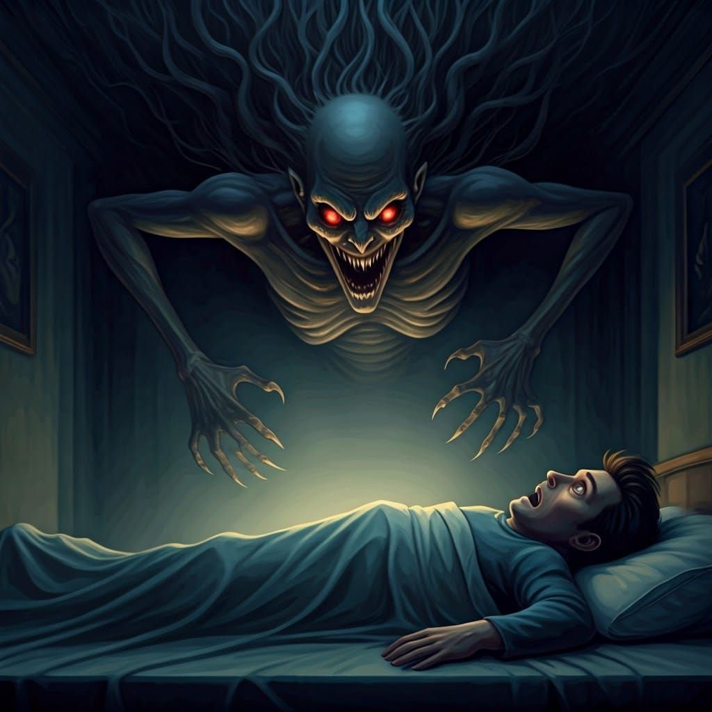 Grotesque Sleep Paralysis Demon Overpowers a Panic... - AI Art