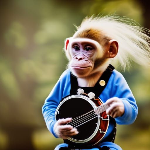 A monkey in bib coveralls and a blonde mullet wig playing his mini ...