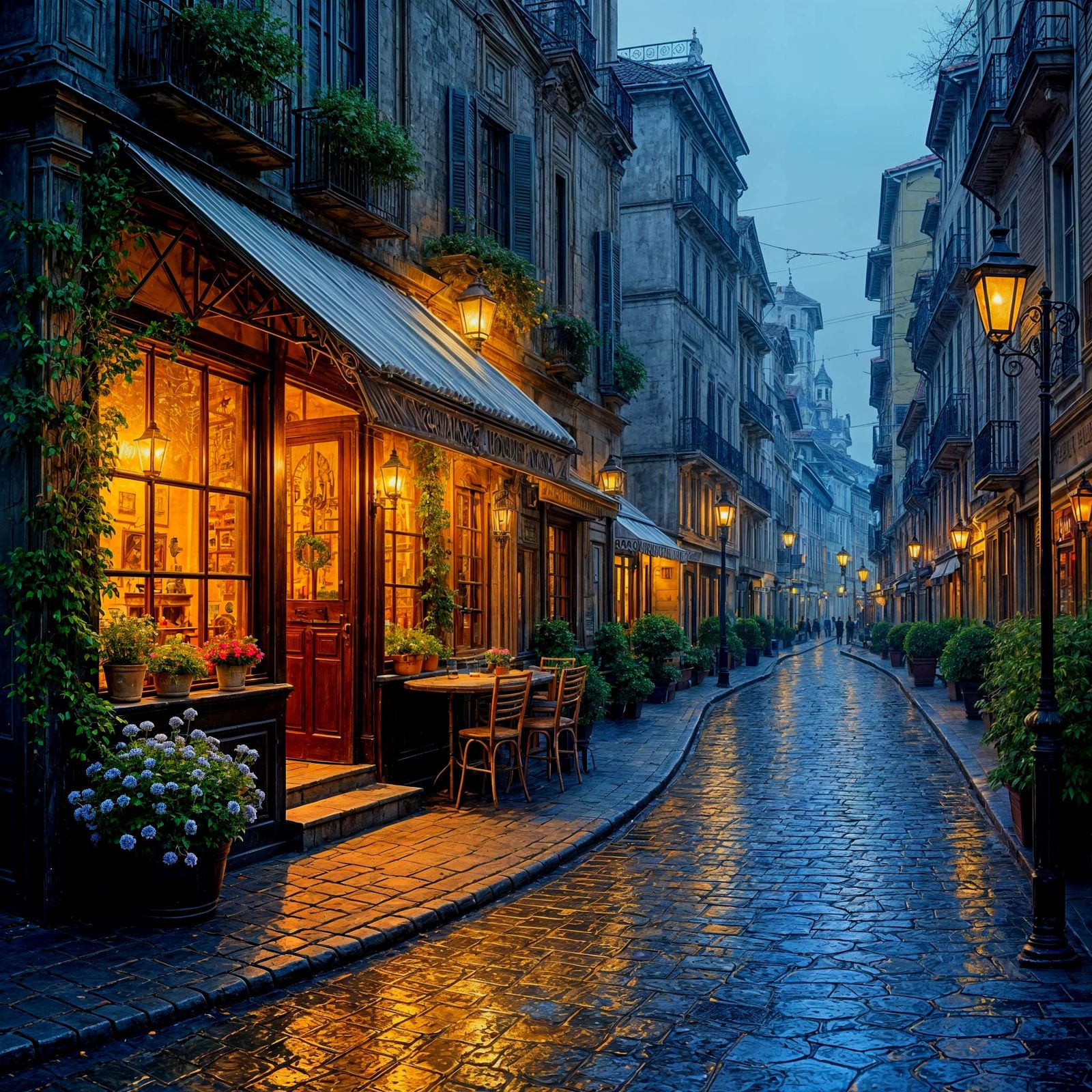 atmospheric street scene - Rainy Evening in a Historic Euro...
