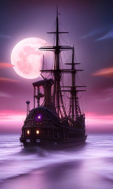 bioluminicent, dieselpunk, A pirate ship on a mystical sea, galaxy sky ...